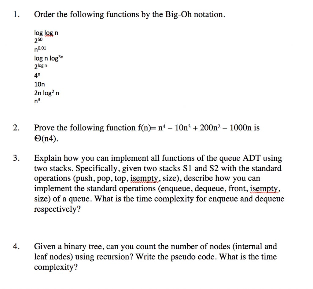 Solved 1. Order the following functions by the Big-Oh | Chegg.com