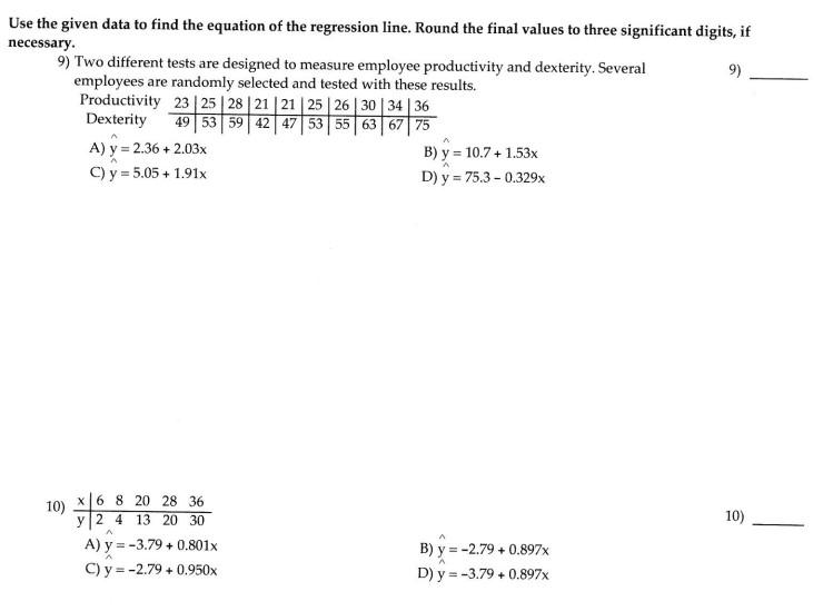 Solved Use the given data to find the equation of the | Chegg.com