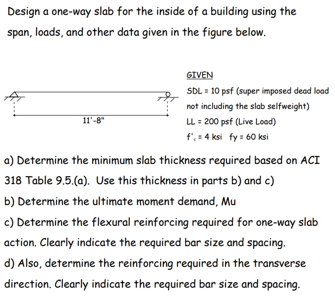 Solved Design a one-way slab for the inside of a building | Chegg.com