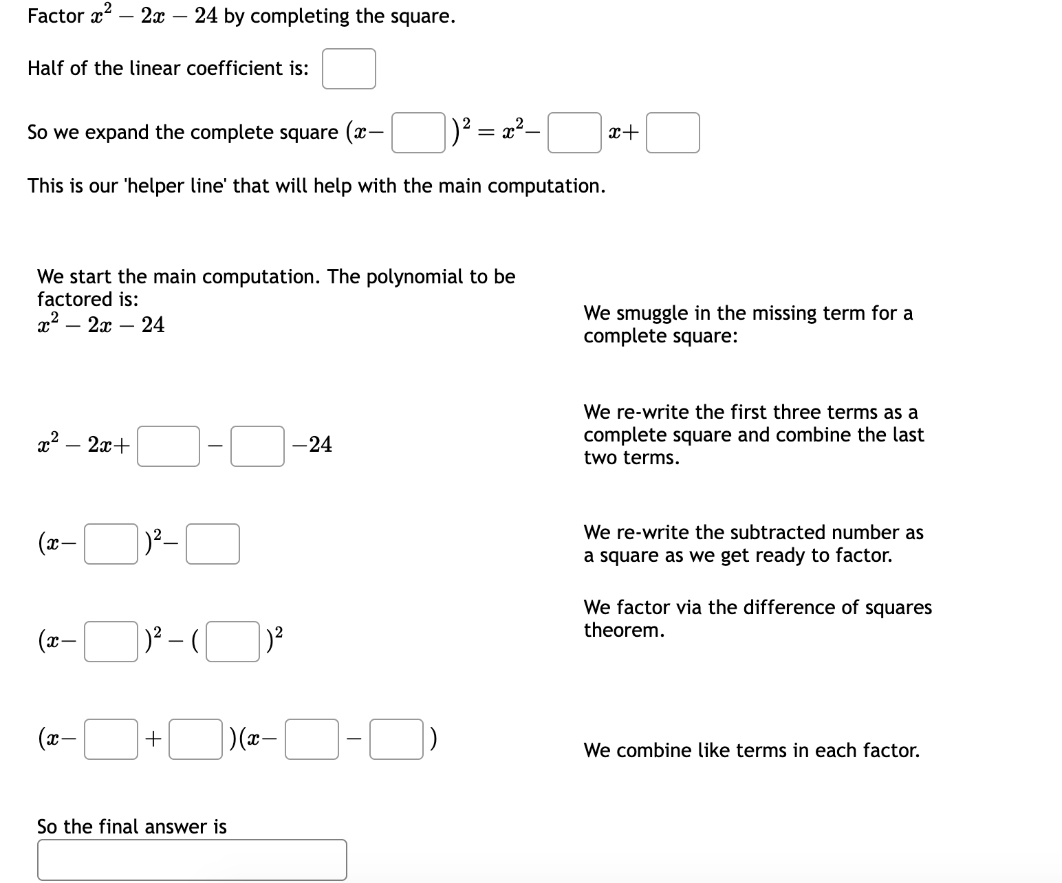 Solved Factor x2−2x−24 by completing the square. Half of the | Chegg.com