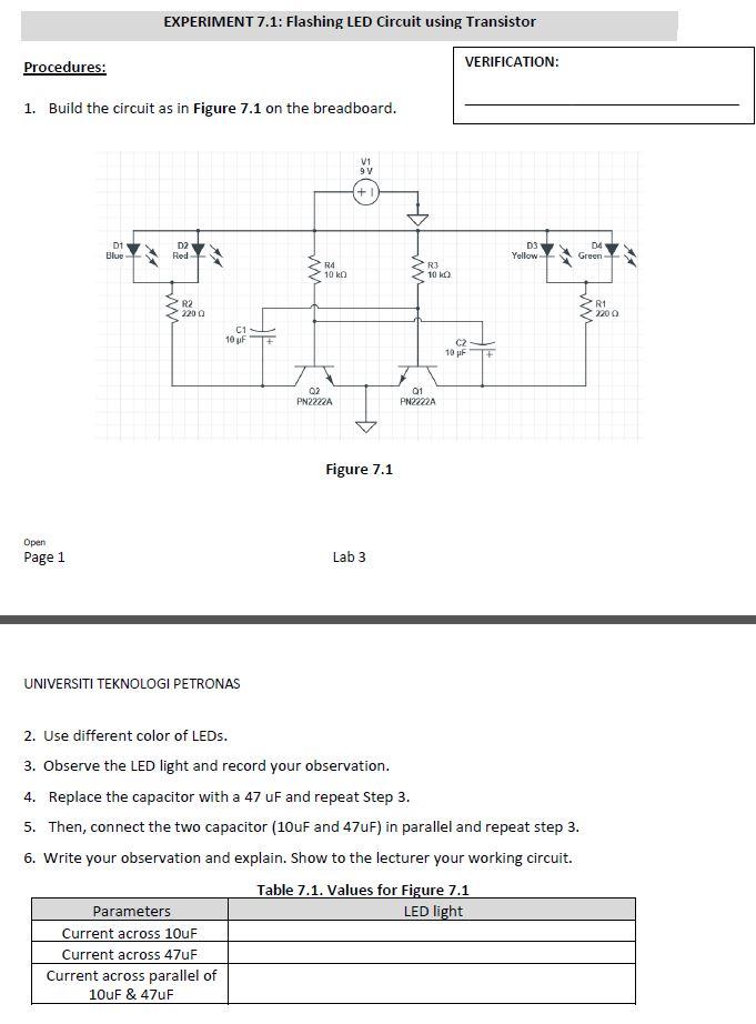 Solved EXPERIMENT 7.1: Flashing LED Circuit using Transistor | Chegg.com
