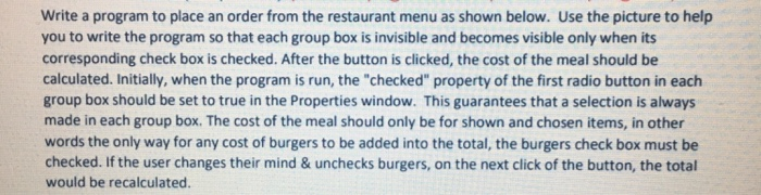 Solved Write a program to place an order from the restaurant | Chegg.com