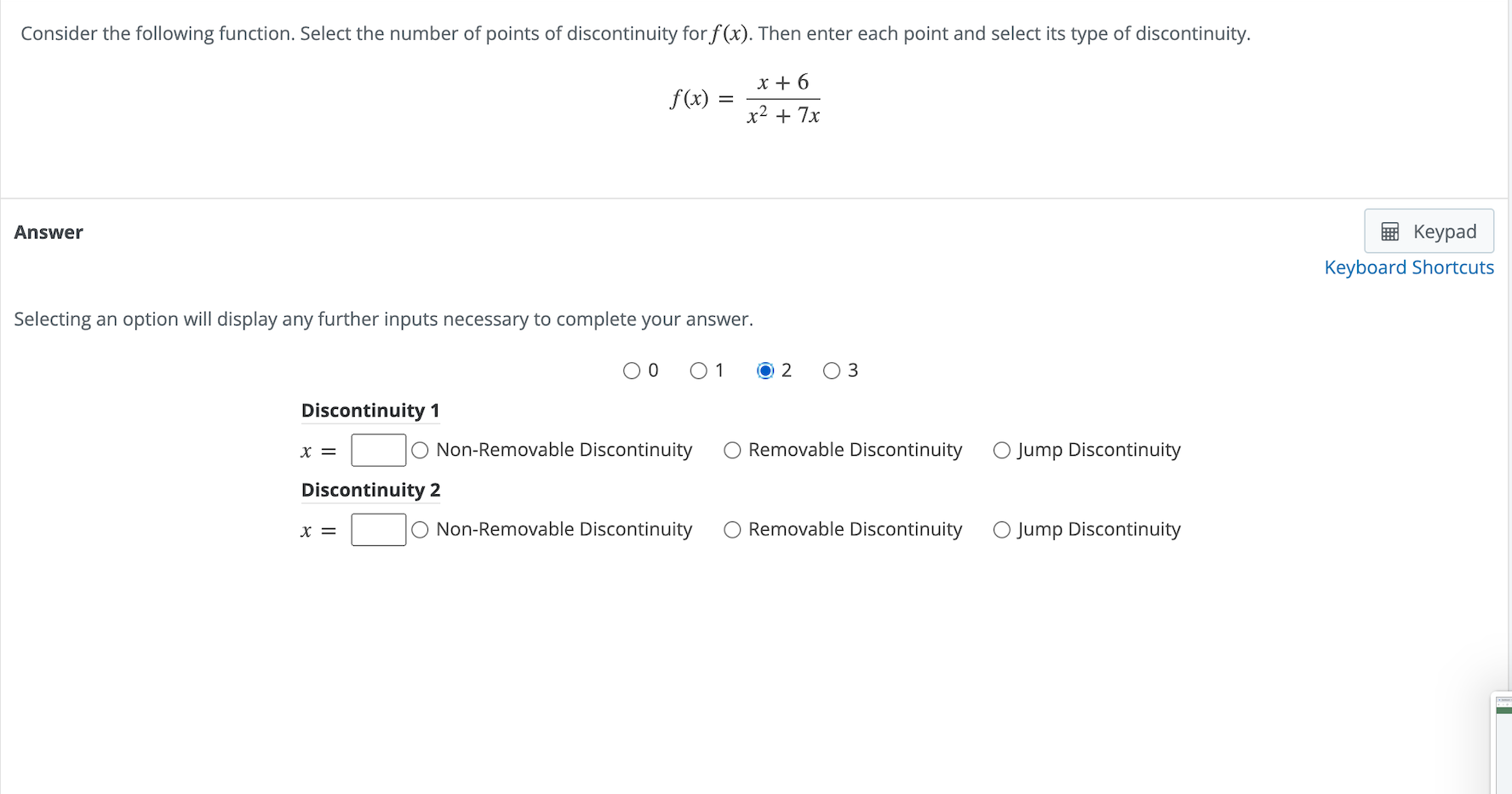 Solved f(x)=x2+7xx+6 Answer Selecting an option will display | Chegg.com