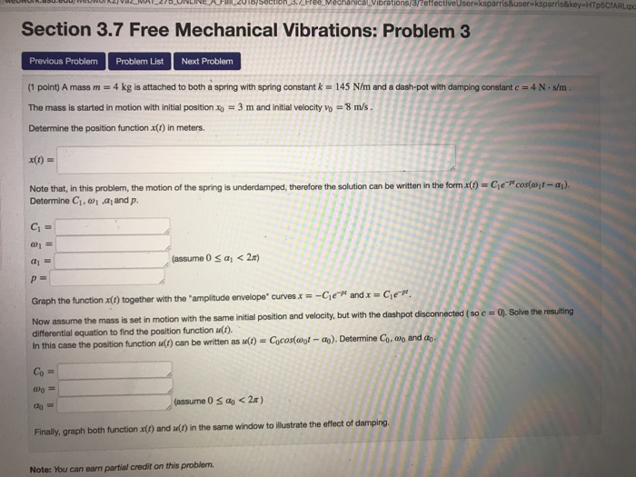 Solved Section 3.7 Free Mechanical Vibrations: Problem 2 | Chegg.com