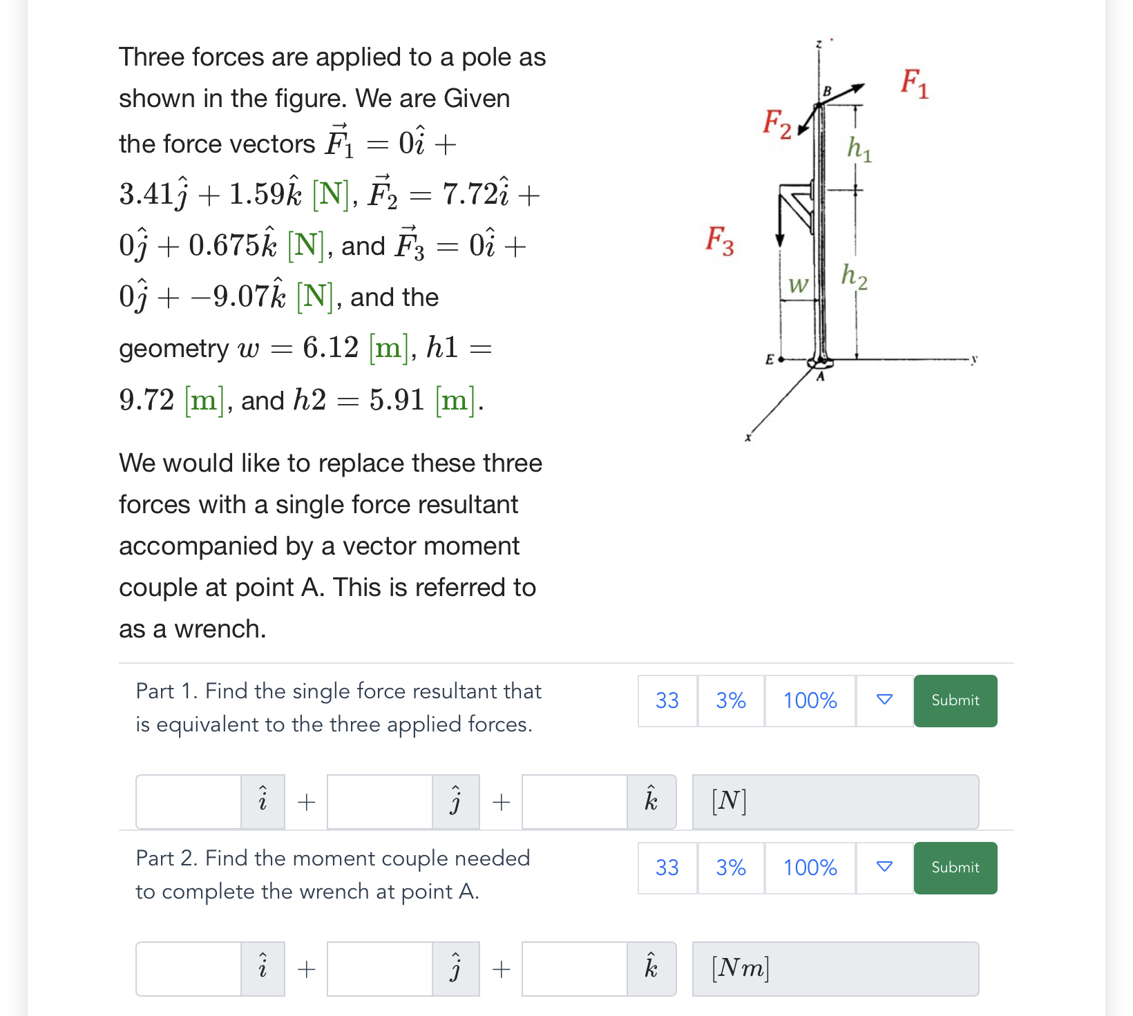 Solved Three forces are applied to a pole as shown in the | Chegg.com