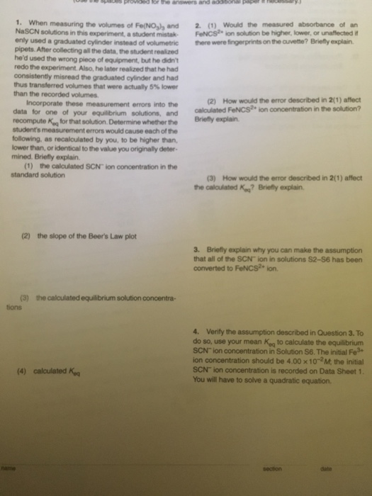 Solved 1. Wher NaSCN solutions in this experiment, a student | Chegg.com