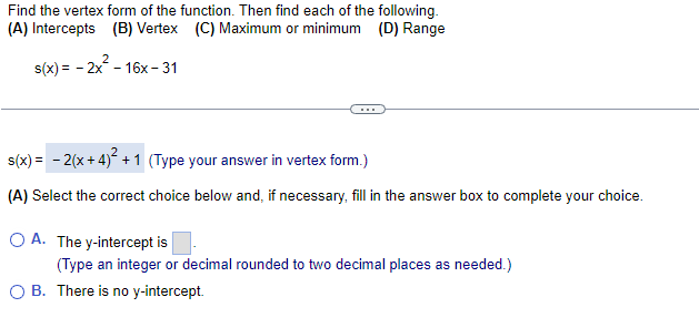 Solved Find the vertex form of the function. Then find each | Chegg.com