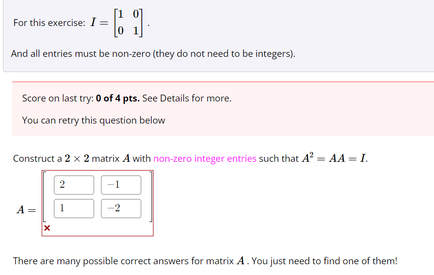 Solved For this exercise: I=[1001]. And all entries must be | Chegg.com