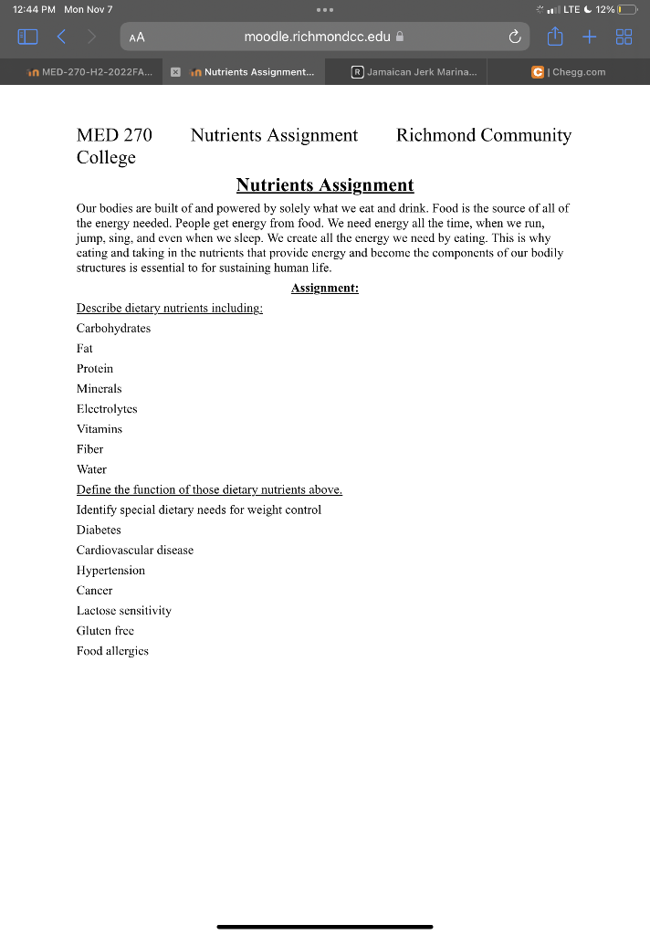 Solved Nutrients Assignment Our bodies are built of and | Chegg.com