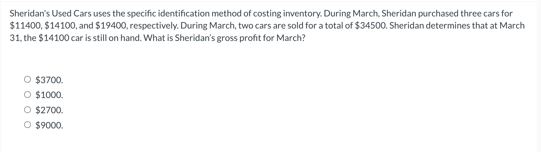 Solved Sheridan's Used Cars uses the specific identification | Chegg.com