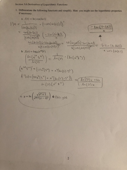 Solved Section 3.6 Derivatives of Logarithmic Functions 1. | Chegg.com