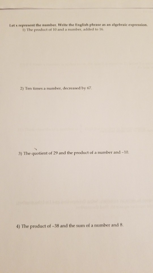 Solved Let x represent the number. Write the English phrase | Chegg.com