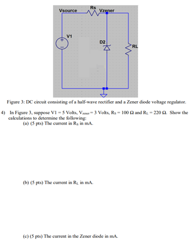 Solved Vsource Rs Vzener D2 RL Figure 3: DC circuit | Chegg.com
