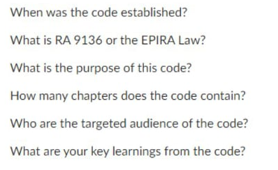 Solved When was the code established? What is RA 9136 or the | Chegg.com
