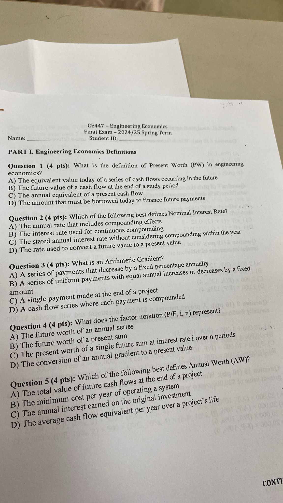 Solved PART I. Engineering Economics DefinitionsQuestion | Chegg.com