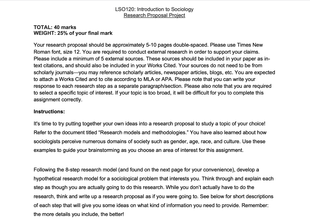 LSO120: Introduction to Sociology Research Proposal | Chegg.com