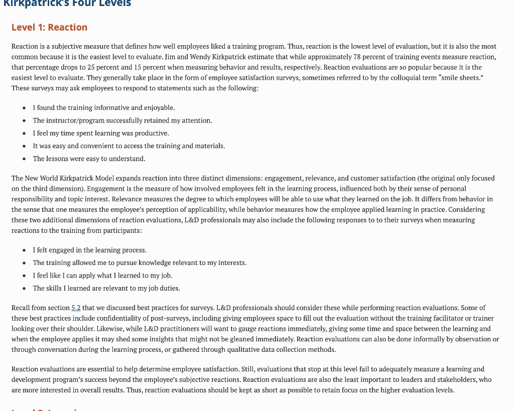 Solved Kirkpatrick's Four Levels Level 1: Reaction Reaction | Chegg.com