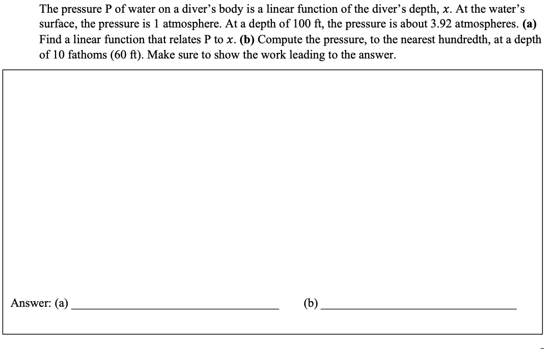 Solved The pressure P of water on a diver's body is a linear | Chegg.com