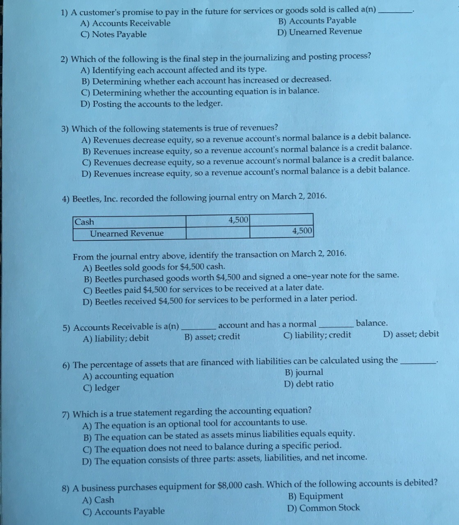 Solved 1) A customer's promise to pay in the future for | Chegg.com