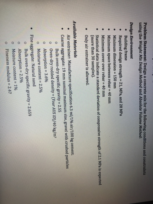 Solved Problem Statement: Design a concrete mix for the | Chegg.com