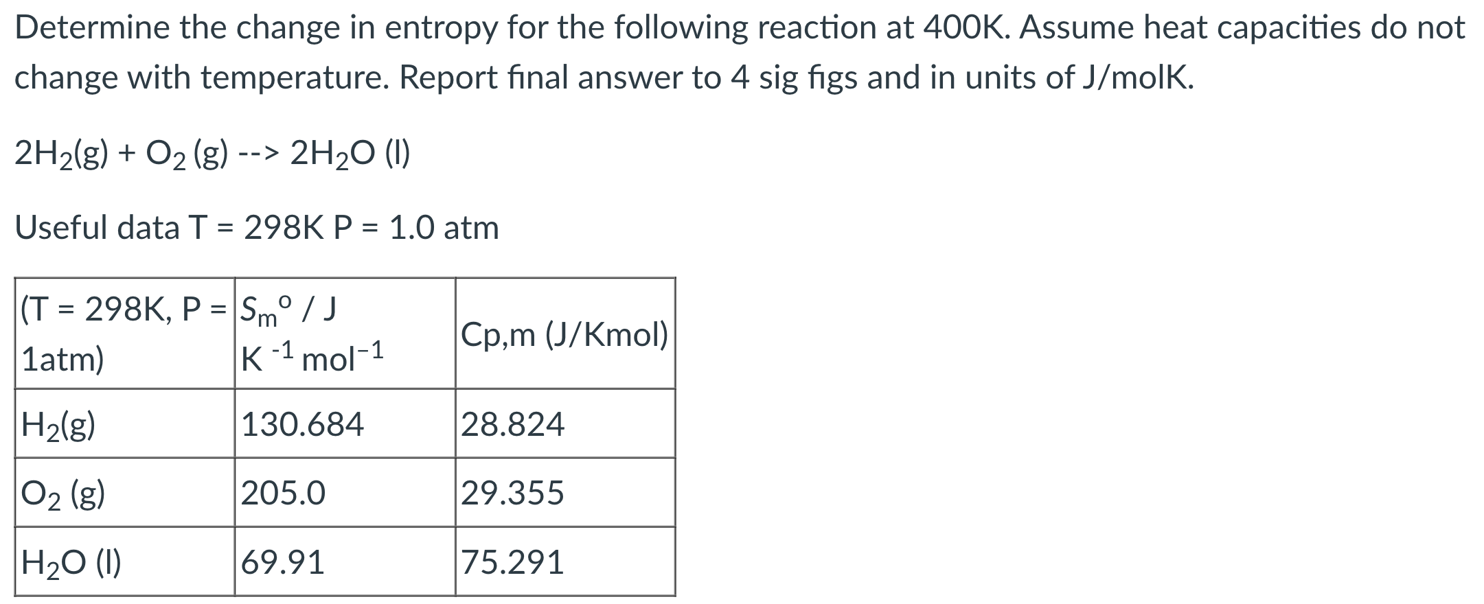 Solved Determine the change in entropy for the following | Chegg.com
