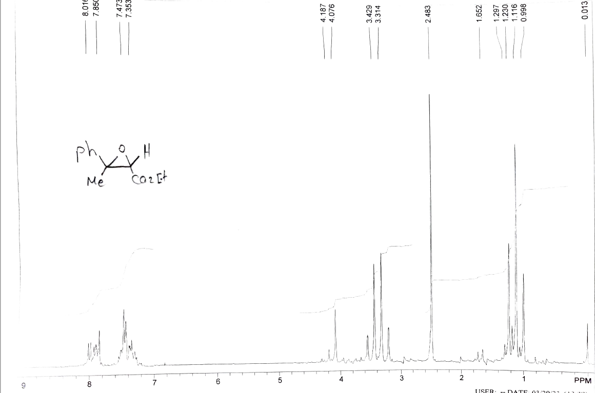 Solved analyze this H NMR of ethyl methyl phenyl glycidate | Chegg.com
