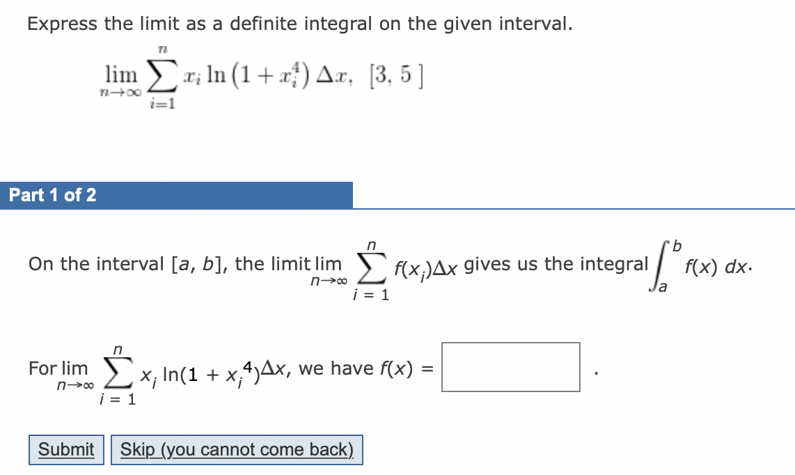 Solved Express the limit as a definite integral on the given | Chegg.com