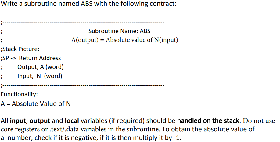 Solved Write a subroutine named ABS with the following | Chegg.com