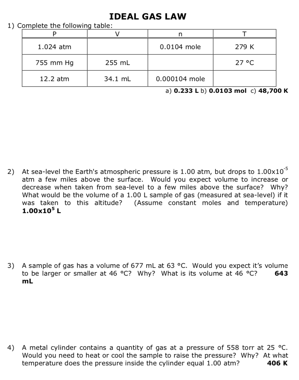 Solved IDEAL GAS LAW 1) Complete the following table: Vn T | Chegg.com