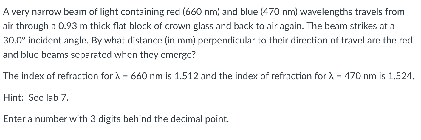 Solved A very narrow beam of light containing red (660 nm) | Chegg.com