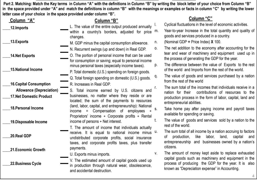Solved 0. Part 2. Matching: Match the Key terms in Column | Chegg.com