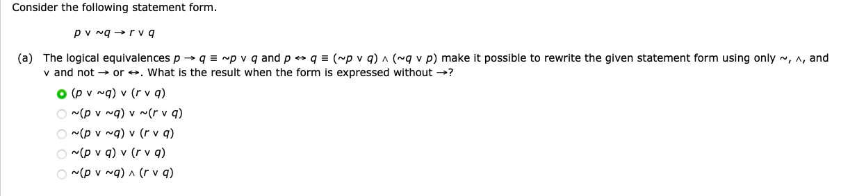 Solved Consider the following statement form. pvq rva (a) | Chegg.com