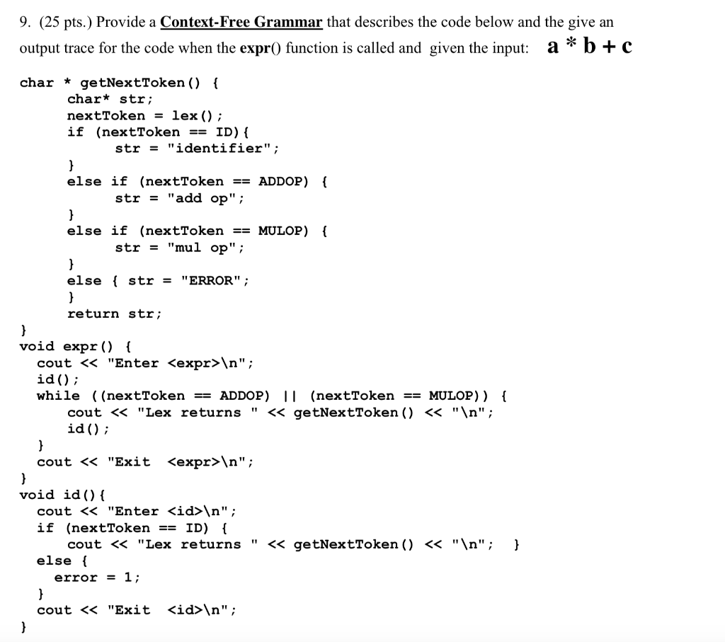 9. (25 pts.) Provide a Context-Free Grammar that | Chegg.com