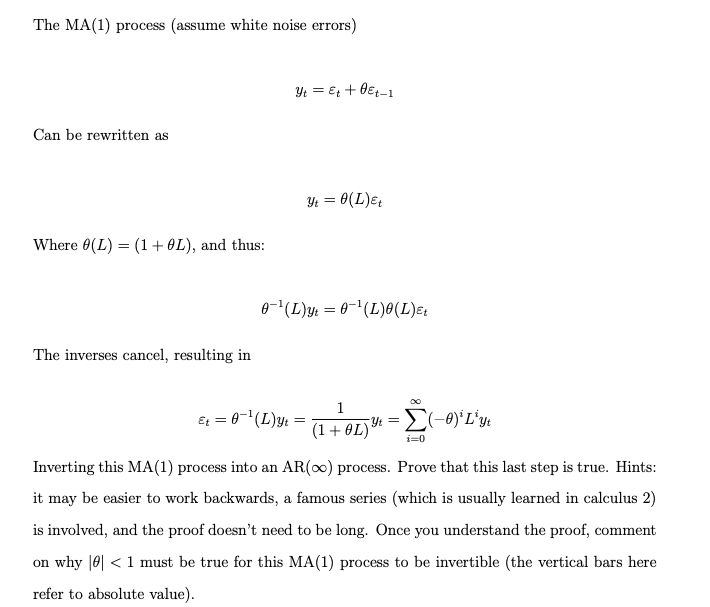 Solved The MA(1) process (assume white noise errors) | Chegg.com