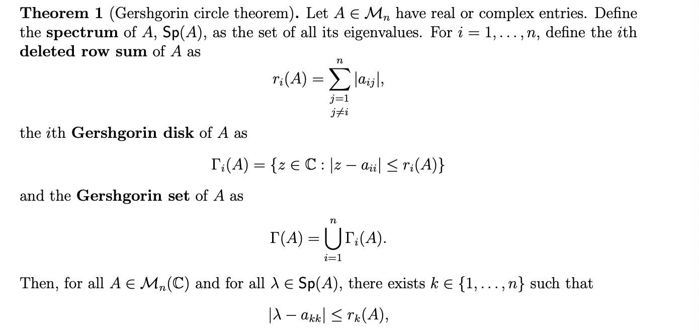 Solved — 2 Theorem 1 (Gershgorin circle theorem). Let A e Mn | Chegg.com