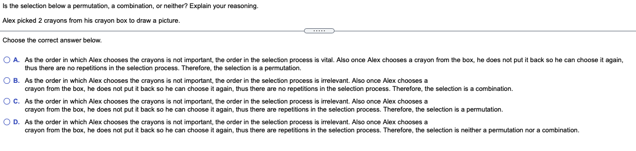 Solved Is the selection below a permutation, a combination, | Chegg.com