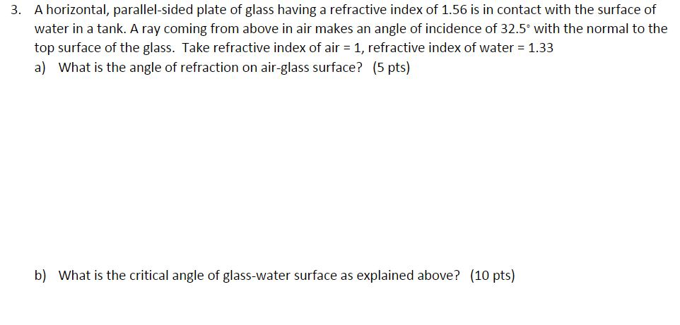 Solved 3. A horizontal, parallel-sided plate of glass having | Chegg.com