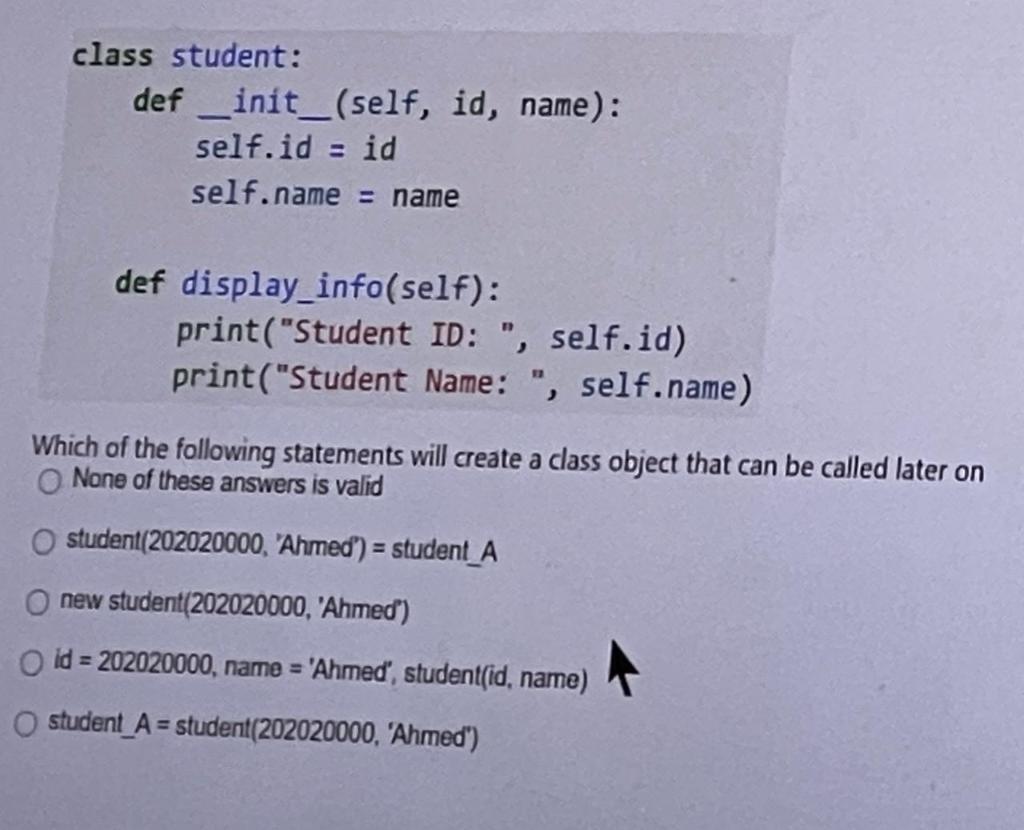 Solved class student: def __init_(self, id, name): self.id = | Chegg.com