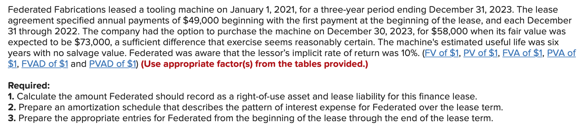 Solved Federated Fabrications leased a tooling machine on | Chegg.com