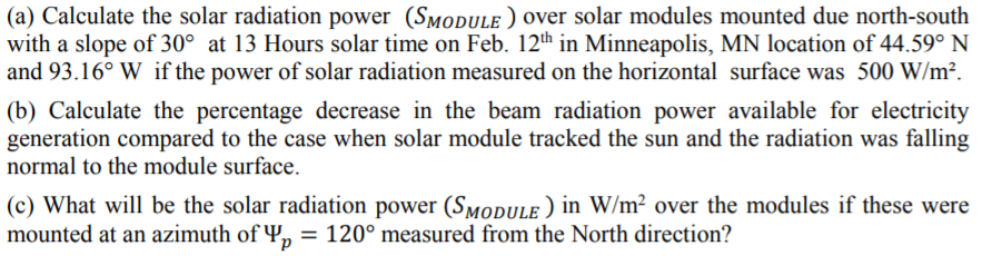 (a) Calculate the solar radiation power (SMODULE) | Chegg.com