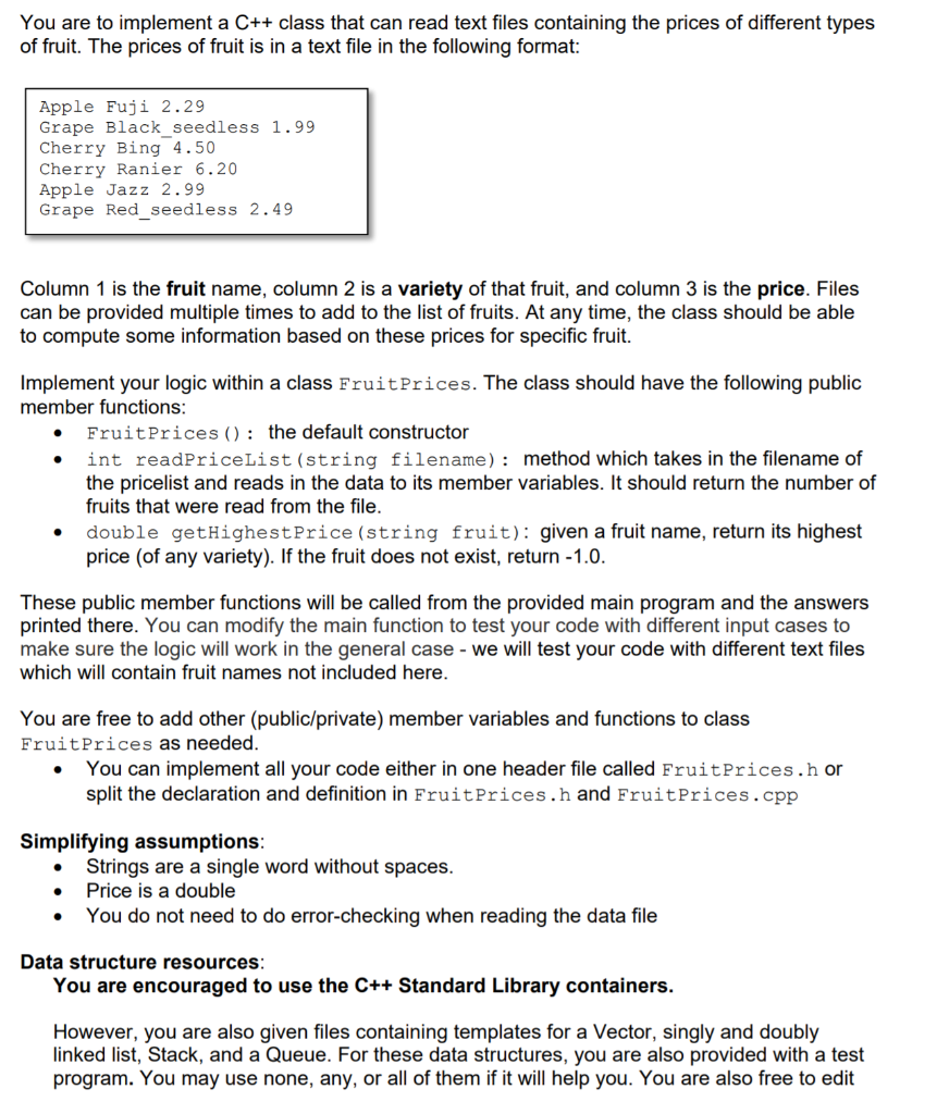 Solved Implement C Class Read Text Files Containing Price