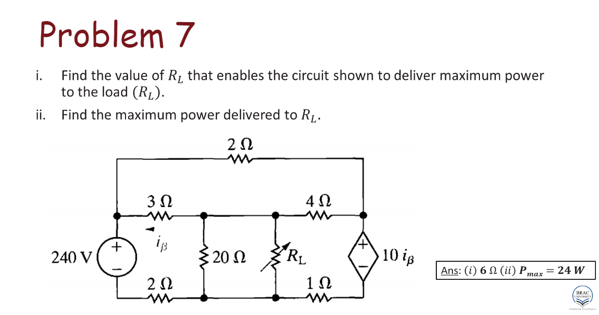 i. Find the value of RL that enables the circuit | Chegg.com