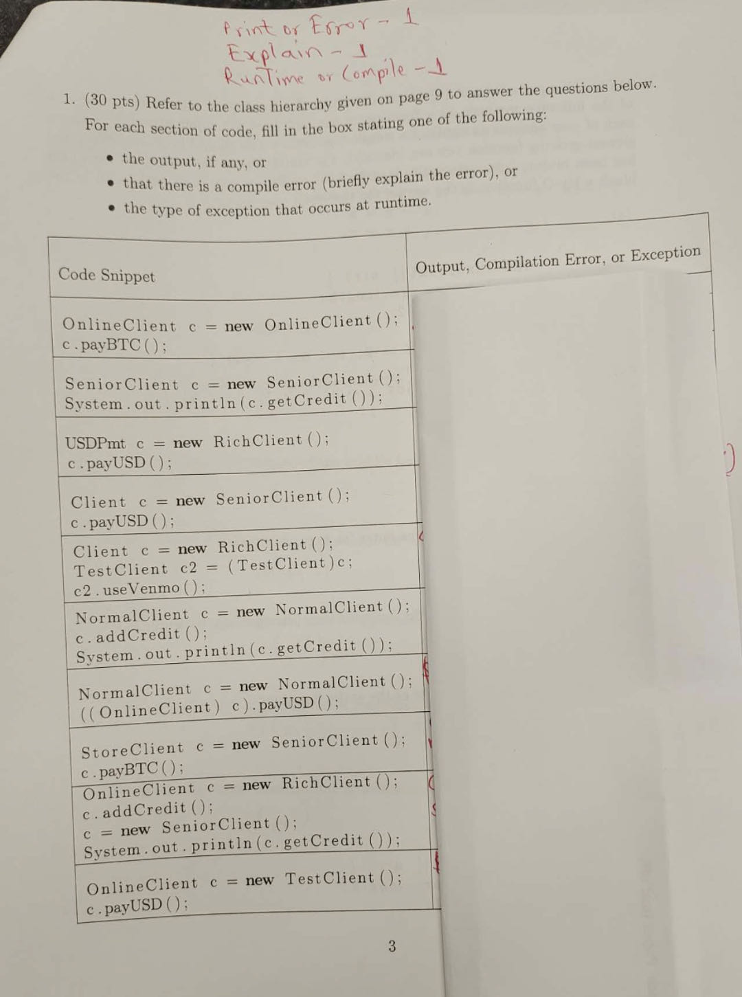Solved 1. (30 pts) Refer to the class hierarchy given on | Chegg.com
