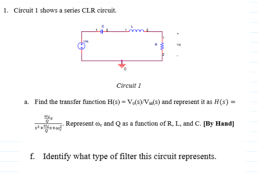 Solved 1. Circuit 1 shows a series CLR circuit. Vin Vo | Chegg.com