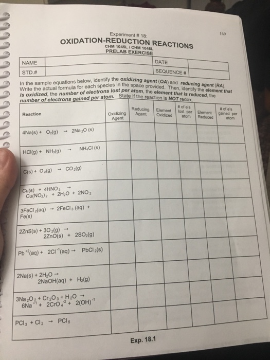 Solved Experiment # 18: 149 OXIDATION-REDUCTION REACTIONS | Chegg.com