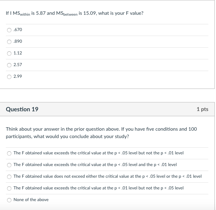 Solved If I MSwithin is 5.87 and MSbetween is 15.09, what is | Chegg.com