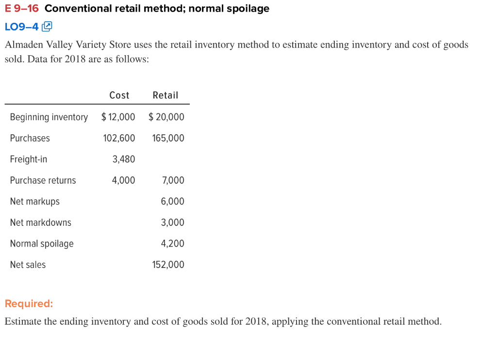Solved E 9-16 Conventional retail method; normal spoilage | Chegg.com