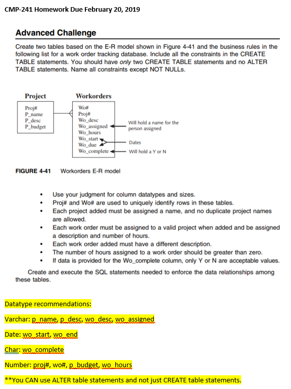 Solved CMP-241 Homework Due February 20, 2019 Advanced | Chegg.com