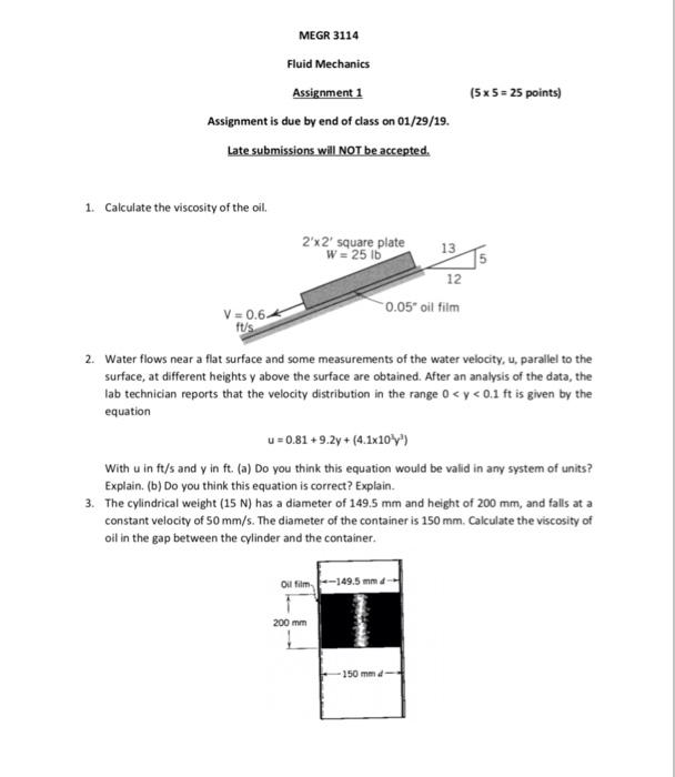 Solved MEGR 3114 Fluid Mechanics Assignment 1 Assignment is | Chegg.com