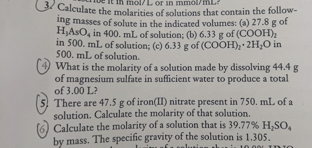Solved 3. Calculate the molarities of solutions that contain | Chegg.com